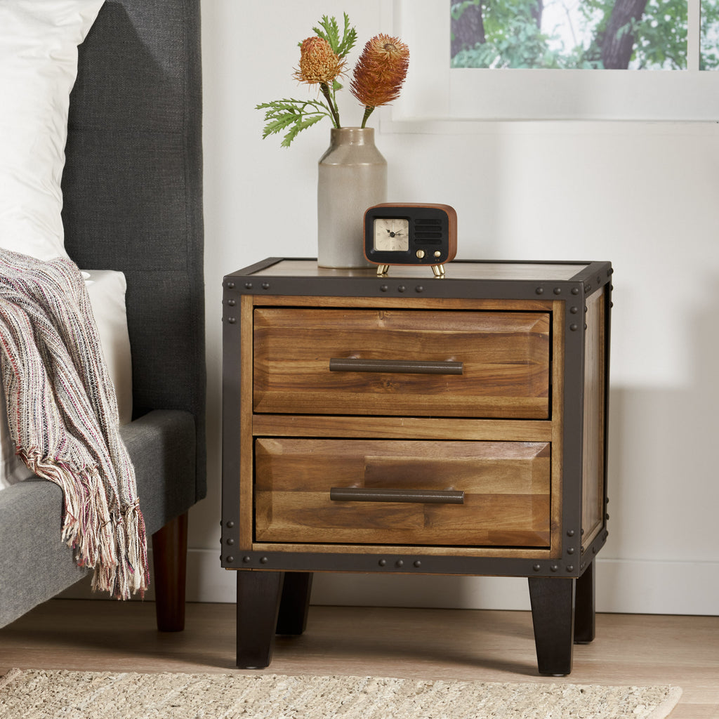 Industrial Two-Drawer Natural Finish Acacia Wood Night Stand - NH40359 ...