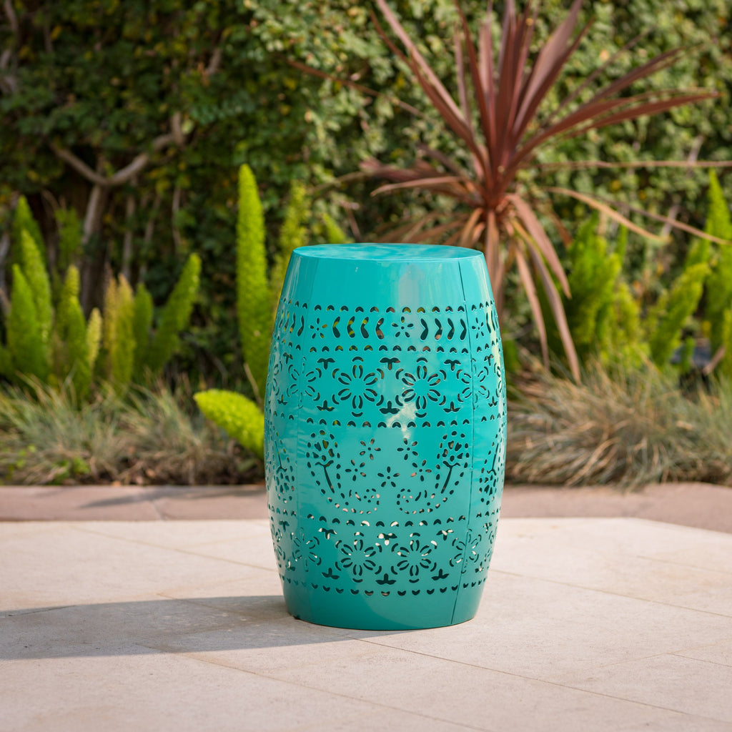 Outdoor Modern 12-Inch Floral Cut Metal Barrel Side Table - NH365103 ...