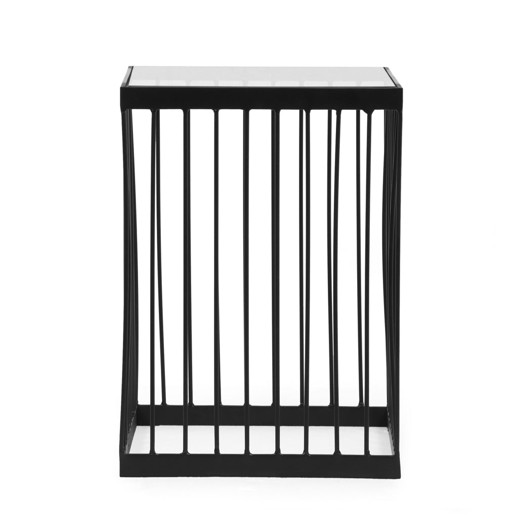 Contemporary Handcrafted Cage Side Table with Glass Top, Black and Cle ...